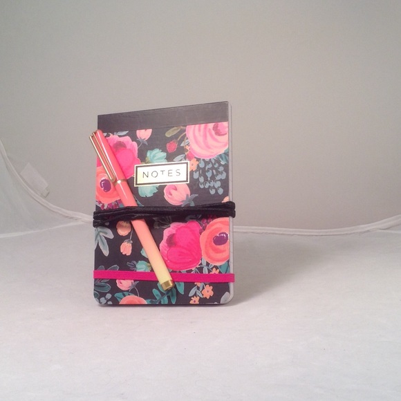 Clementine | Office | Black Floral Notepad With Sunset Colored Pen ...